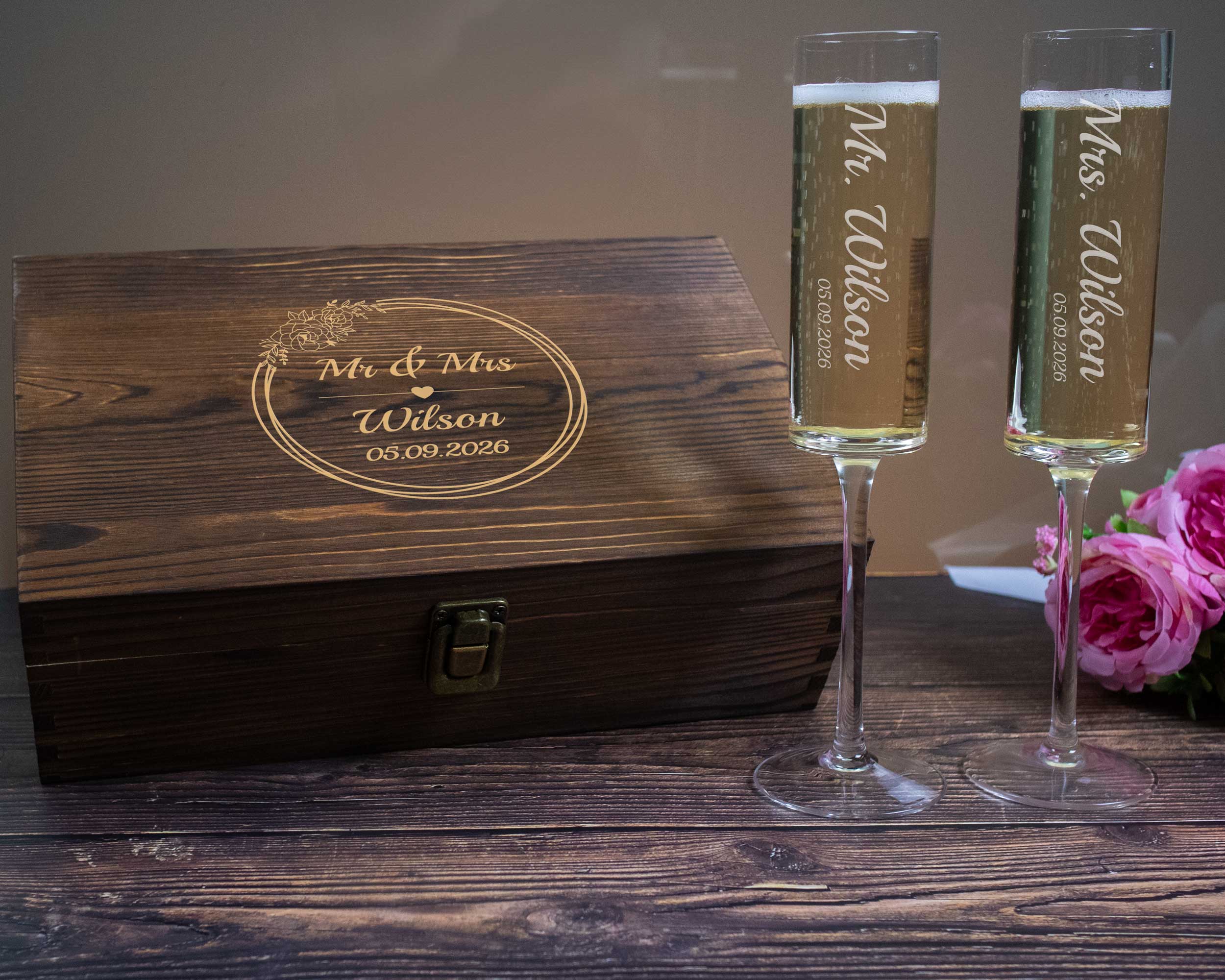 Set of 2 Modern Wedding Toasting Flutes in a Wood Gift Box – Glass Lake ...