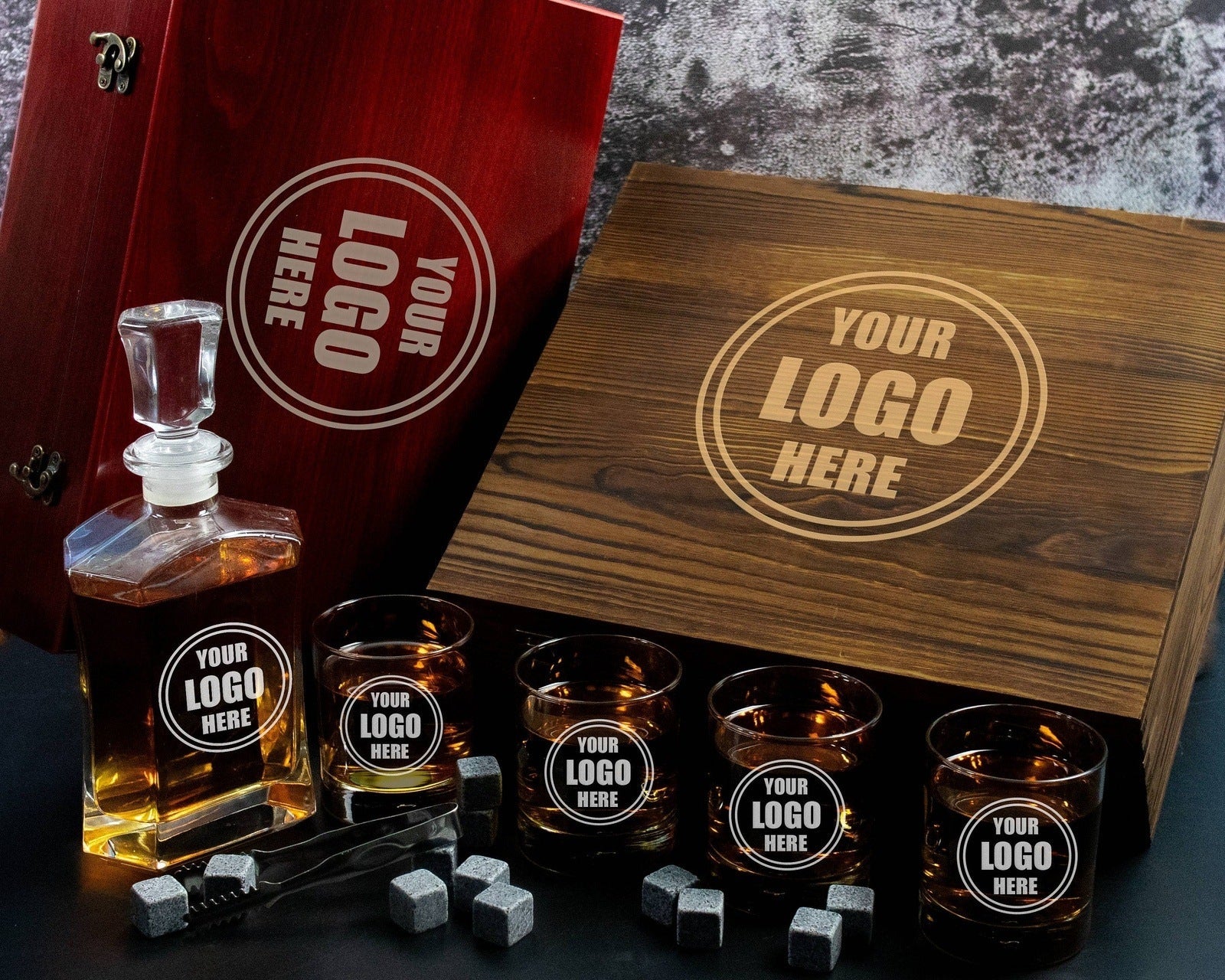 Custom Whiskey Decanter Gift Set with Logo - Wood Box and Whiskey ...
